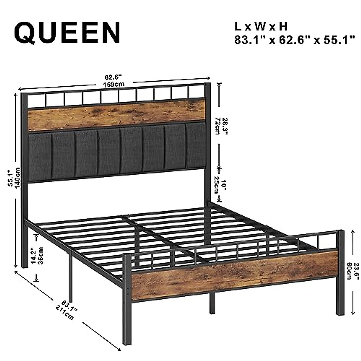LIKIMIO Queen Bed Frame with 55 Inches upholstered high headboard, Sturdy and No Noise Platform Bed, No Box Spring Needed, Easy Assembly, Vintage Brown