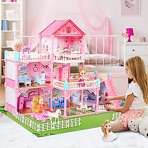 ArgoHome Dollhouse, Dream House Toys for 3 4 5 6 7 8 Years Old Girls Kids, Dollhouse Sets with 2 Dolls, 7 Rooms, Furniture and Accessories, DIY Building Pretend Play Doll House, Gift for Girls.