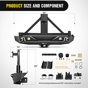 Nilight Rear Bumper & Spare Tire Rack & Hitch Receiver w/2 LED Lights Compatible for 2007-2018 Jeep Wrangler JK for 2007-2018 Jeep Wrangler JK & Unlimited