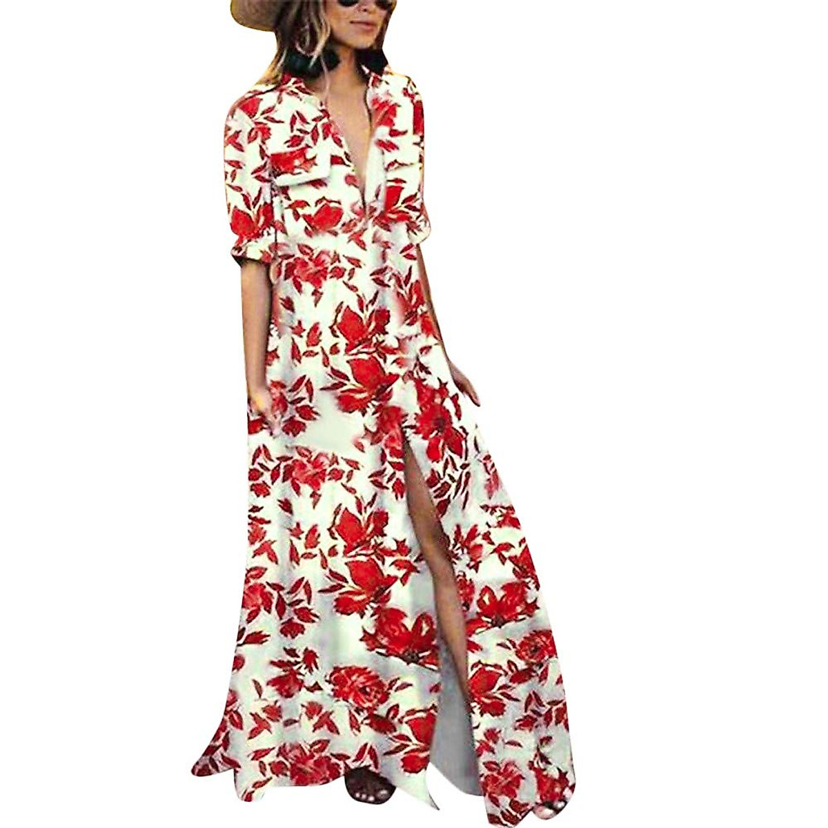 F_Gotal Womens Bohemian Printed Loose Button Stripe Roll Up Sleeve Maxi Dress with Pockets Beach Sundress Party Cocktail