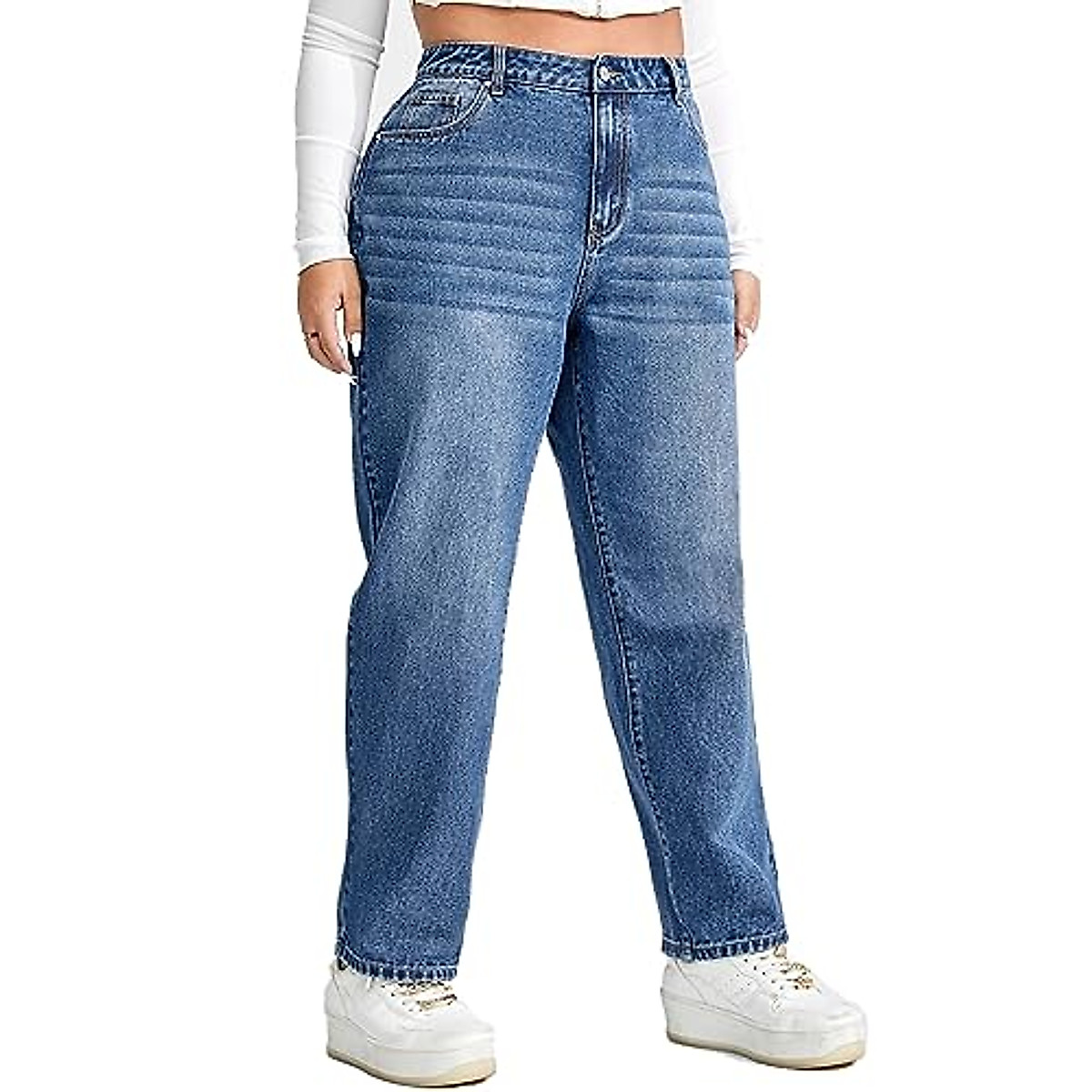 KISSPLUS Plus Size Tapered Jeans for Women High Waist Loose Women Jeans Curvy Stretchy Denim Pants for Women Inseam 30 Light Blue in White 4XL