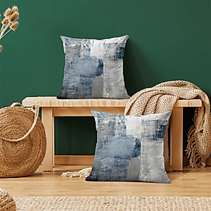 Navy Blue Grey Throw Pillow Covers, Gray White Modern Abstract Art Painting Throw Pillows for Couch, Blue Pillow Covers 18x18 Inch 2 Pcs Square Cushion Cover Gift for Couch Sofa