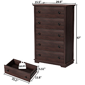 HIFYOBRO 5 Drawers Dresser, Double Anti-Tip, Tall Dresser for Bedroom, Wooden Organizer, Chest Dresser, Dresser with 5 Drawers, Storage Cabinet for Living Room/Hallway, Espresso