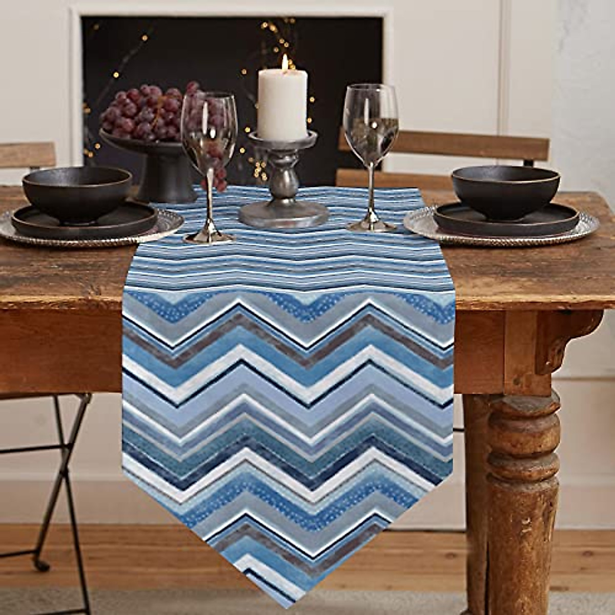 Big buy store Table Runner Zig Zag Chevron Geometric Lines Cotton Line Table Covers for Dinner Kitchen Wedding Indoor and Outdoor Parties Northern Europe Blue Table Setting Decor -13 x 72 inch