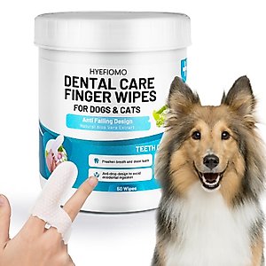 Hyefiomo Dog & Cat Teeth Cleaning Finger Wipes - Non-Slip Design Dental Care Wipes - Reduce Plaque & Tartar and Freshen Breath - Double-Sided Durable Material (50 Pcs)