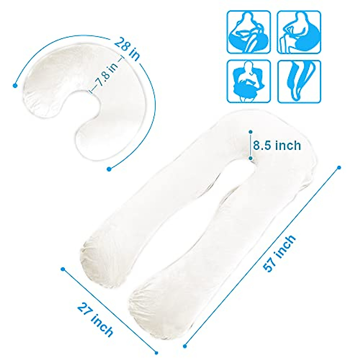 MANDZIXIN Pregnancy Pillow, Maternity Body Pillow with Velvet Separate Support Pillow and Removable Cover,Side Sleeping and Back Hips, Legs, Belly Support for Pregnant Women (White, U Shaped)