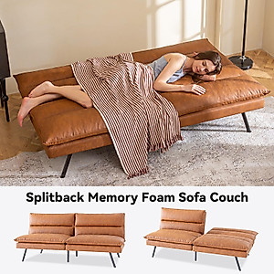 Hcore Convertible Futon Sofa Bed,Brown Faux Leather Memory Foam Loveseat,Small Euro Lounger Sofa for Compact Living Spaces,Apartment,Dorm,Studio,Guest Room,Home Office/Cushion Thickening