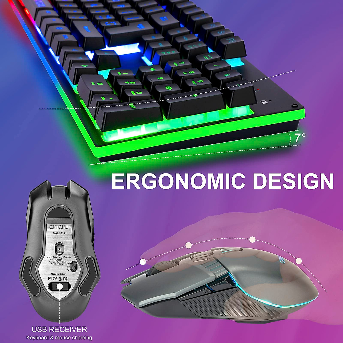 Gaming Wireless Keyboard and Mouse Combo Metal Surface Rechanrgeable Big Battery 2800mah Mechanical Feel LED Backlit Compatible with Xbox one PS5 Laptop Computer Gamer(2.4g)
