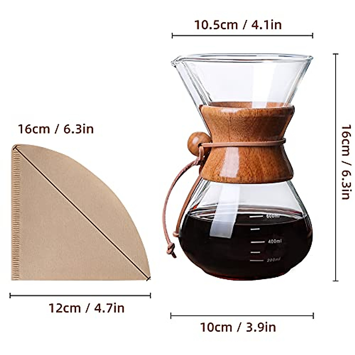 BicycleStore Pour Over Coffee Maker, Paperless Glass Carafe with 100 Filter Paper Reusable Glass Coffee Pot Manual Dripper Brewer Hand Drip with Stainless Steel Filter for Home Travel (14 oz/400 ml)