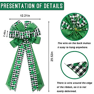 Large Saint Patrick Tree Topper Bows, St Patricks Green Glitter Clover Long Buffalo Plaid Bows for Saint Patrick's Day Home Garden Indoor Outdoor Decoration Wreath Ornament Supplies, 13 x 30 Inches