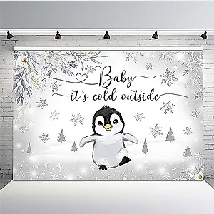 MEHOFOND 7x5ft Penguin Winter Baby Shower Backdrop Baby It's Cold Outside Background Silver Gliter Artic Animals Baby Shower Party Banner Decorations Photo Booth Props