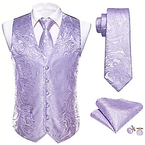 Barry.Wang Light Purple Gray Vest Waistcoat Formal Dress Tuxedo Classic Tie Handkerchief Cufflink Paisley