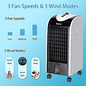 COSTWAY Evaporative Air Cooler, 3-in-1 Cooling Fan with 2 Ice Crystal Boxes, 3-Mode, 3-Speed and 4L Water Tank, Quiet Bladeless, Portable for Room Home Office Dorms, White