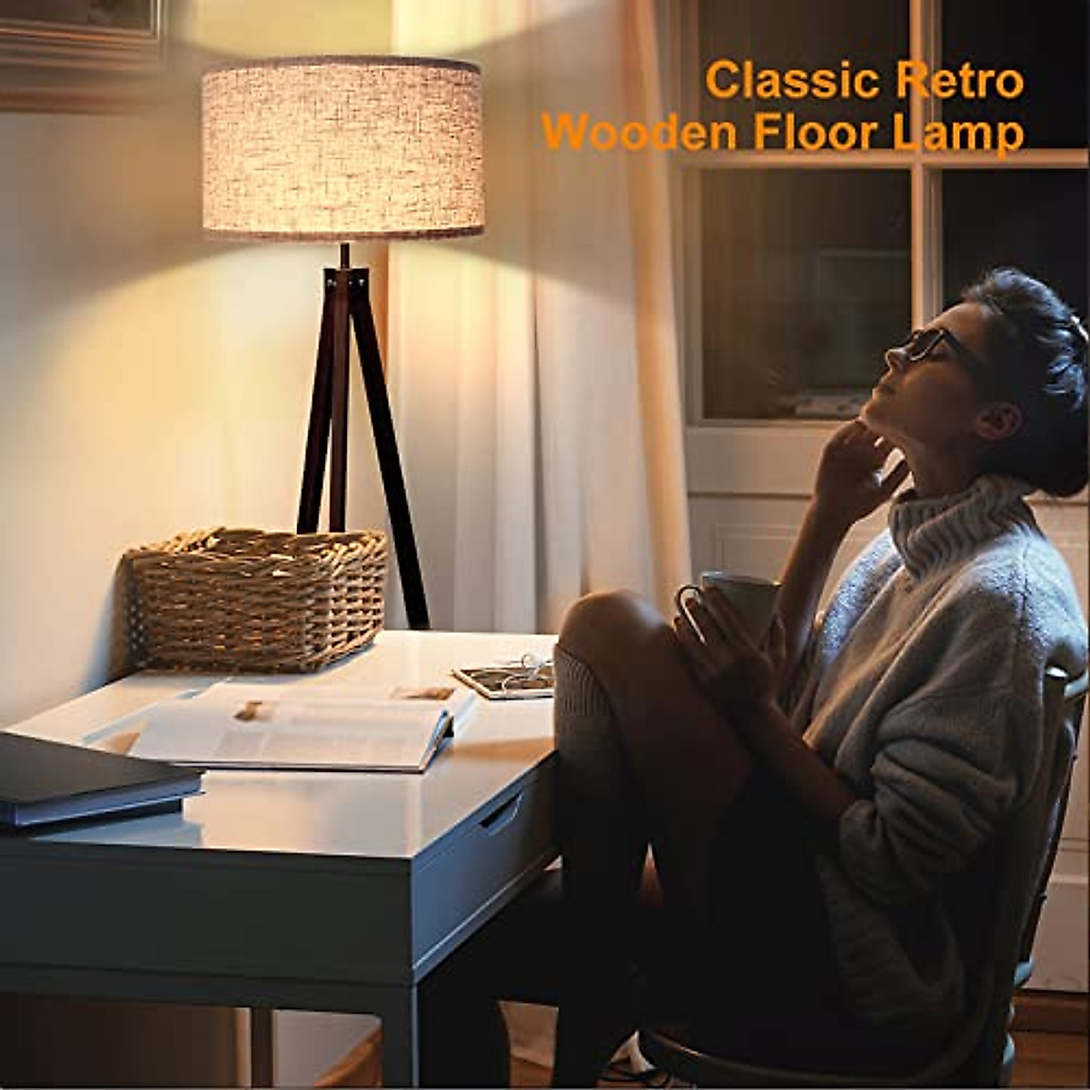 LEPOWER Wood Tripod Floor Lamp, Mid Century Standing Reading Light for Living Room, Bedroom, Study Room and Office, Modern Design, Flaxen Shade with E26 Base (Walnut)