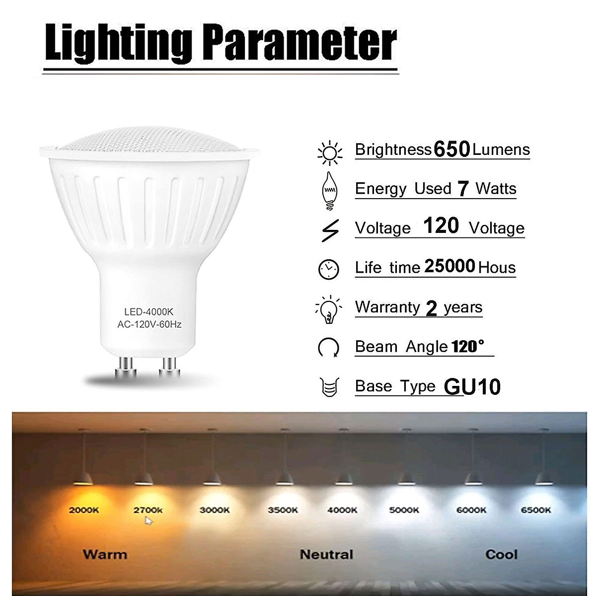 Dimmable GU10 LED Bulbs 4000K - 90% Energy Saving, 120-Volt, Natural light Bulb, 650-Lumen, 7Watt(60-Watt Equivalent Halogen Bulb), Gu10 120°Wide beam angle, 6 Pack