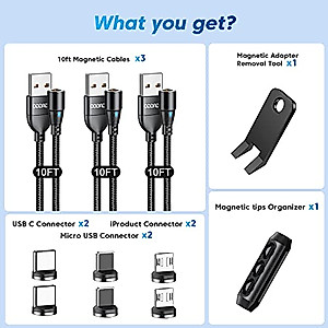 ODDADD Magnetic Charging Cable 3A Fast Charging[3Pack-10ft/10ft/10ft], 360° Rotating Magnetic Phone Charger Data Sync, Compatible with Micro USB, Type C, iProduct Devices