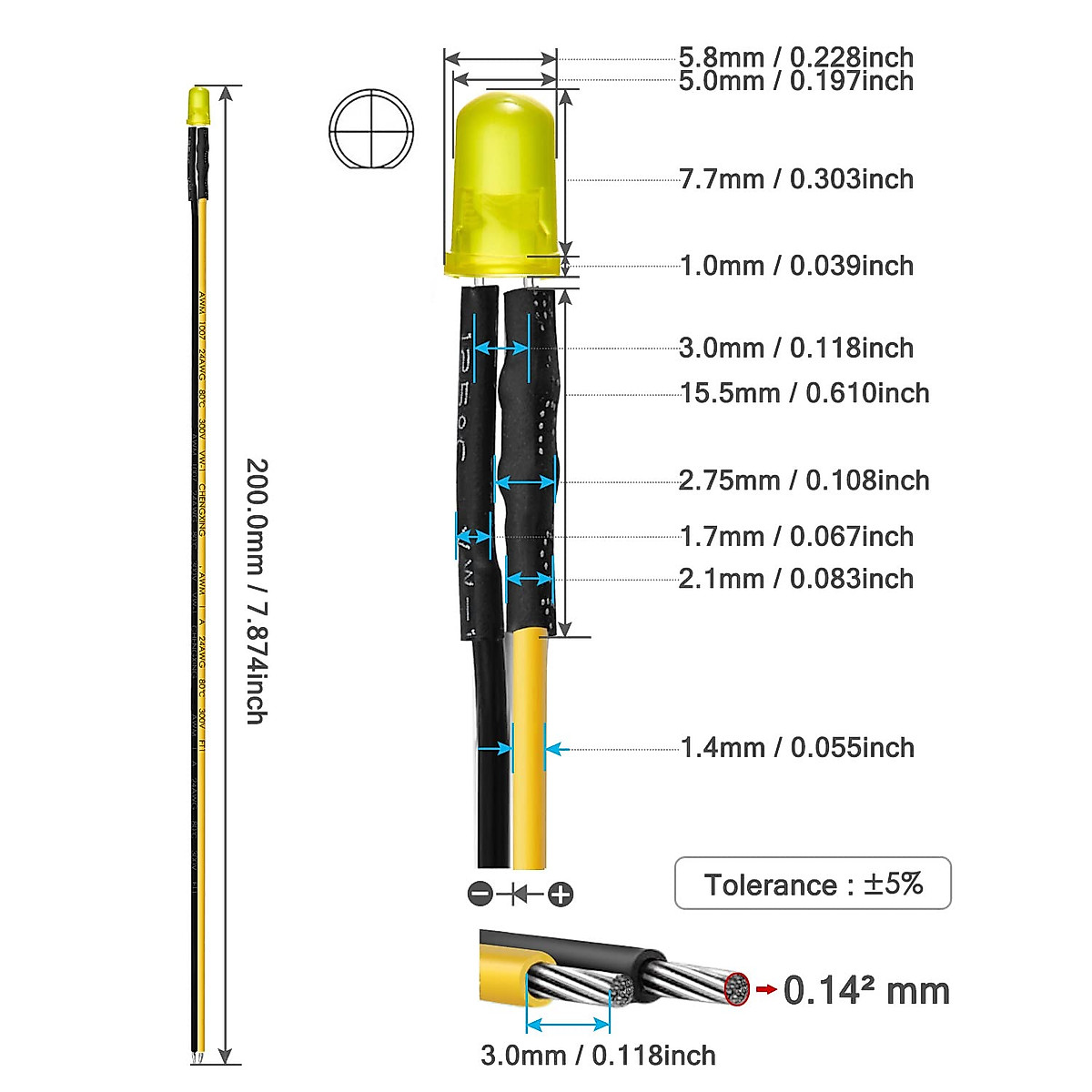 CHANZON 20 pcs Pre-Wired 5mm Yellow LED Diode Lights (Round Diffused Frosted Lens DC 12V) with 680 ohms 1/4W Resistor and 24awg Wire Indicator Light Emitting Diodes Lighting 5mmled