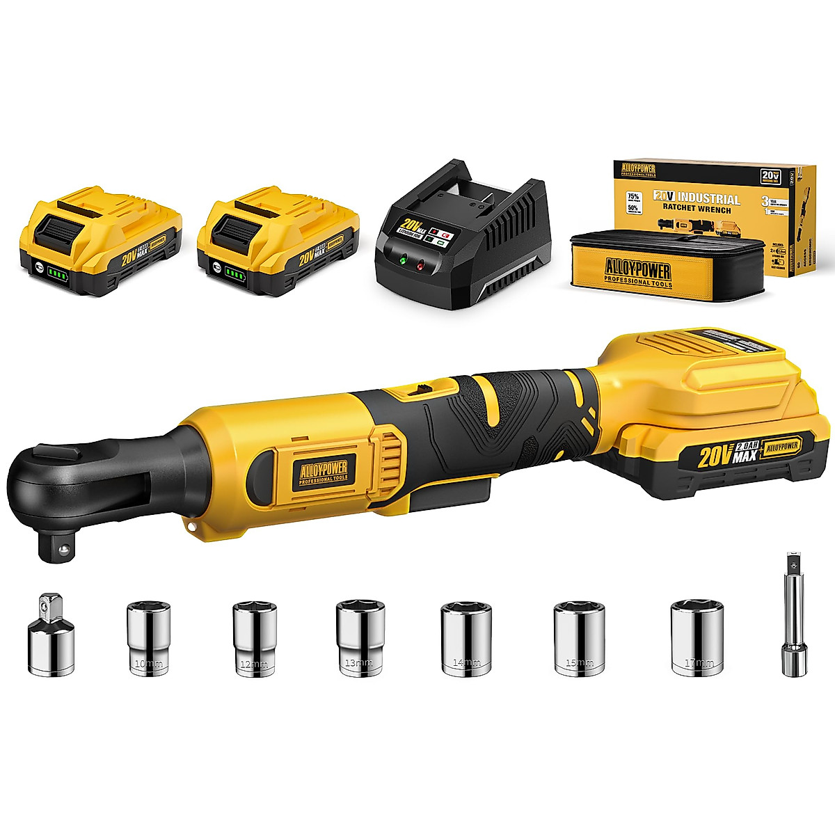 3/8" Cordless Ratchet Wrench Set, 60FT-LBS(80N.m) Electric Ratchet, 2 X 20V Chargeable Power Ratchet Wrench with Variable Speed, LED Light, 6 Sockets, 1/4" Adapter, 3" Extension Rod