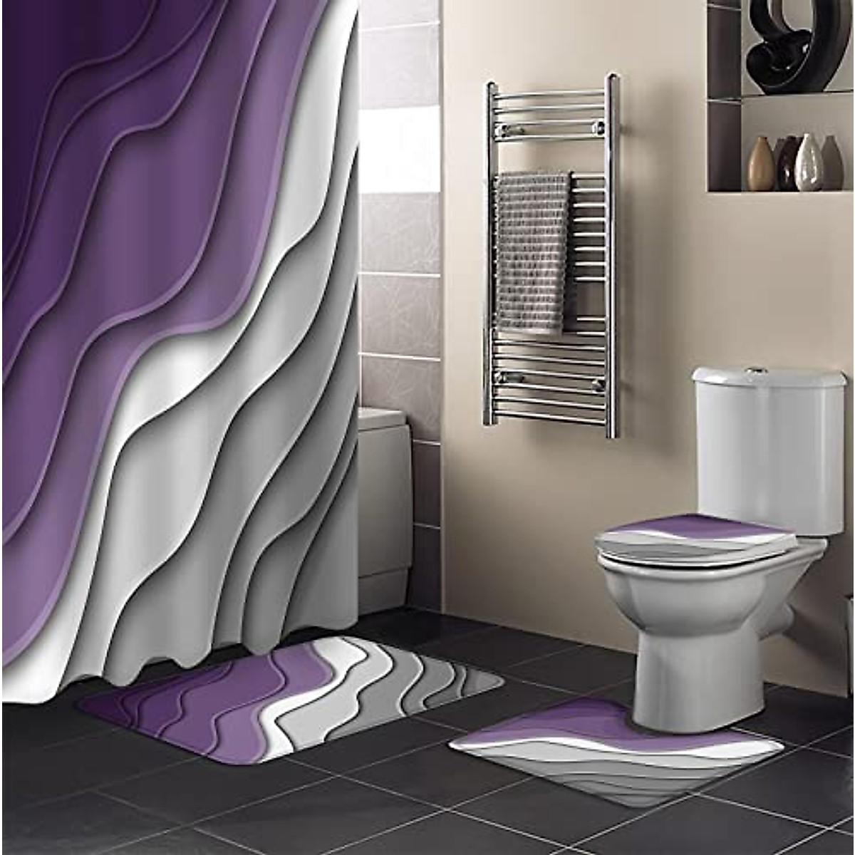 Comforance Purple Gray Modern Geometric Shower Curtain Set with Rugs and Hooks for Bathroom, 4PC Waterproof Fabric Bath Shower Curtain and Non-Slip Bathroom Mats, Abstract Gradient Art
