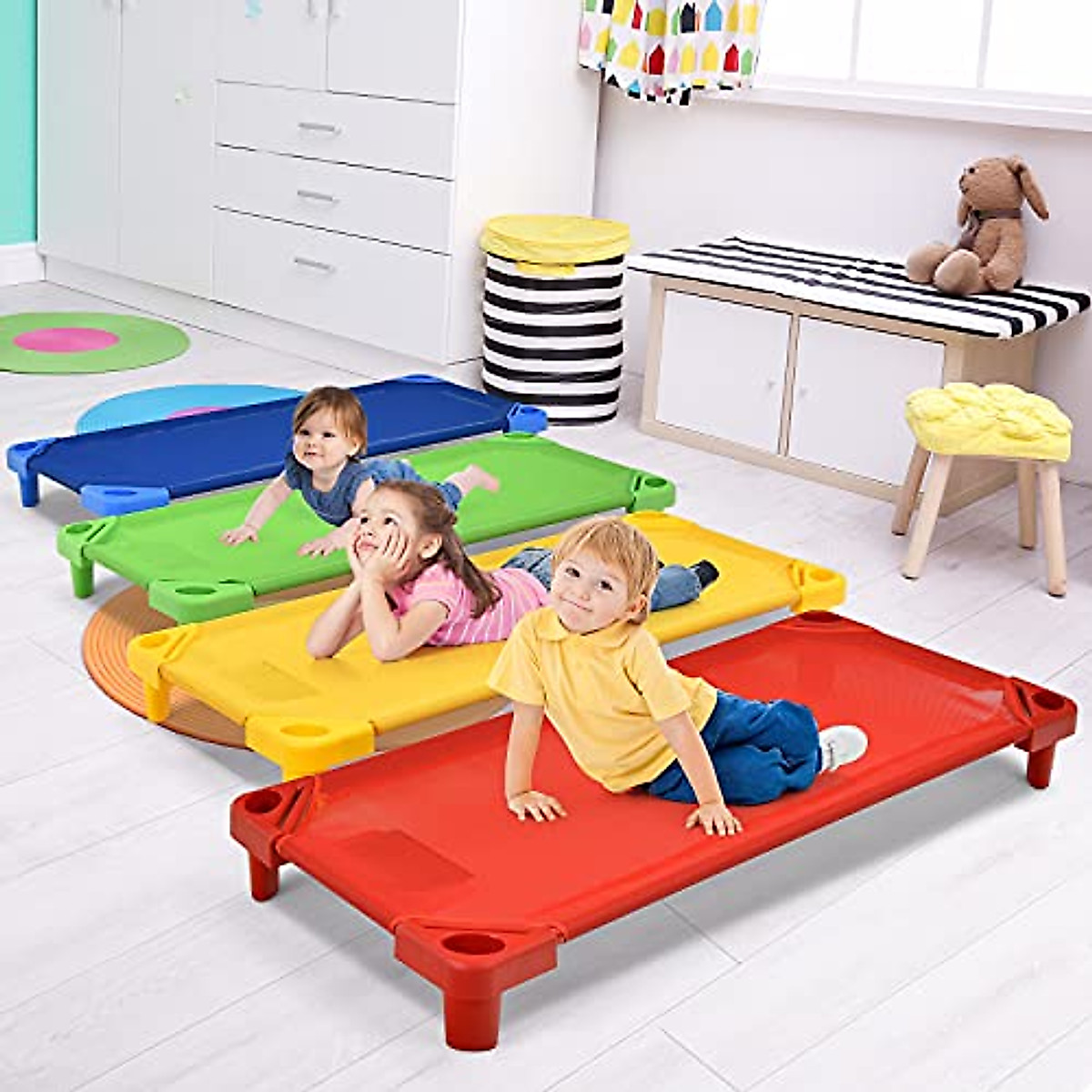 Costzon Daycare Cots for Kids, Pack of 4, 51” L x 23” W Stackable Nap Cots with Easy Lift Corners, Ready-to-Assemble, Preschool Classroom Daycare Beds for Sleeping, Resting, Naptime (Multicolor)