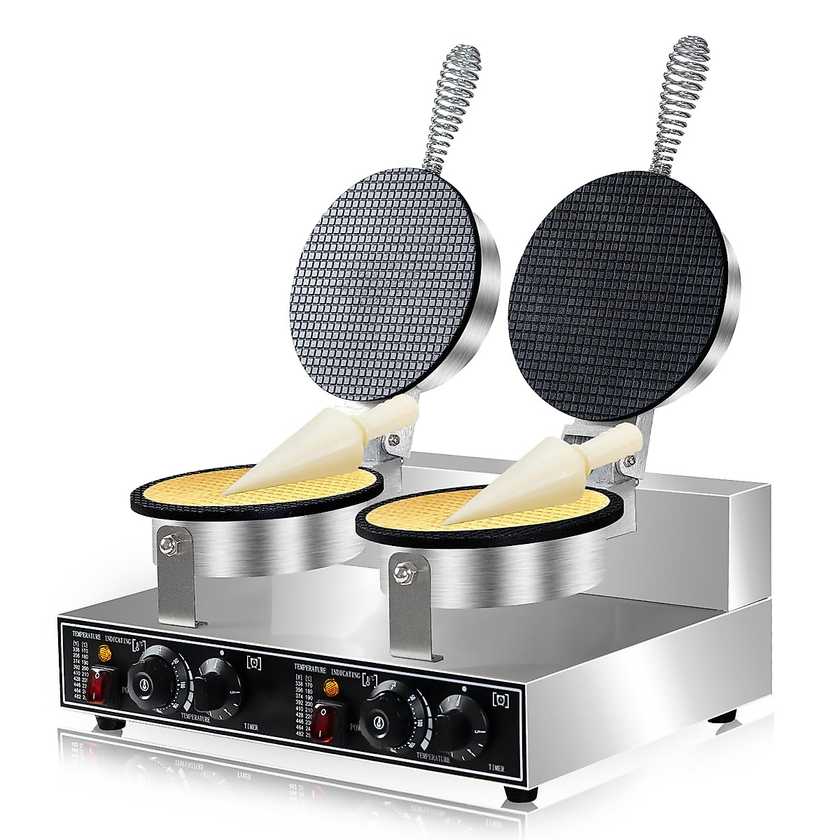 Ice Cream Cone Maker 110V Commercial Waffle Cone Machine 2600W Electric Stainless Steel Non-stick Cone Waffles Maker With Temp & Time Control for for Restaurant Bakery Snack Bar Family