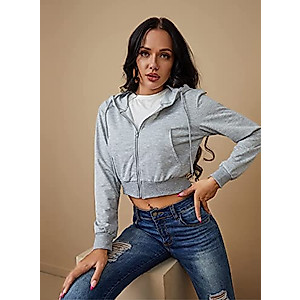 milanpavilion Women's Cropped Zip Up Hoodie Sweatshirt Long Sleeve Zipper Basic Workout Crop Jacket Teen Zipper Hoodie Grey