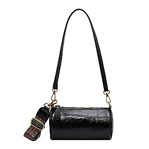 DIVCIDLC Women Cylindrical Bag, Wide shoulder strap Crossbody Shoulder Bag Purse with 2 Straps, Small Satchel Pouch Round Bag, Black