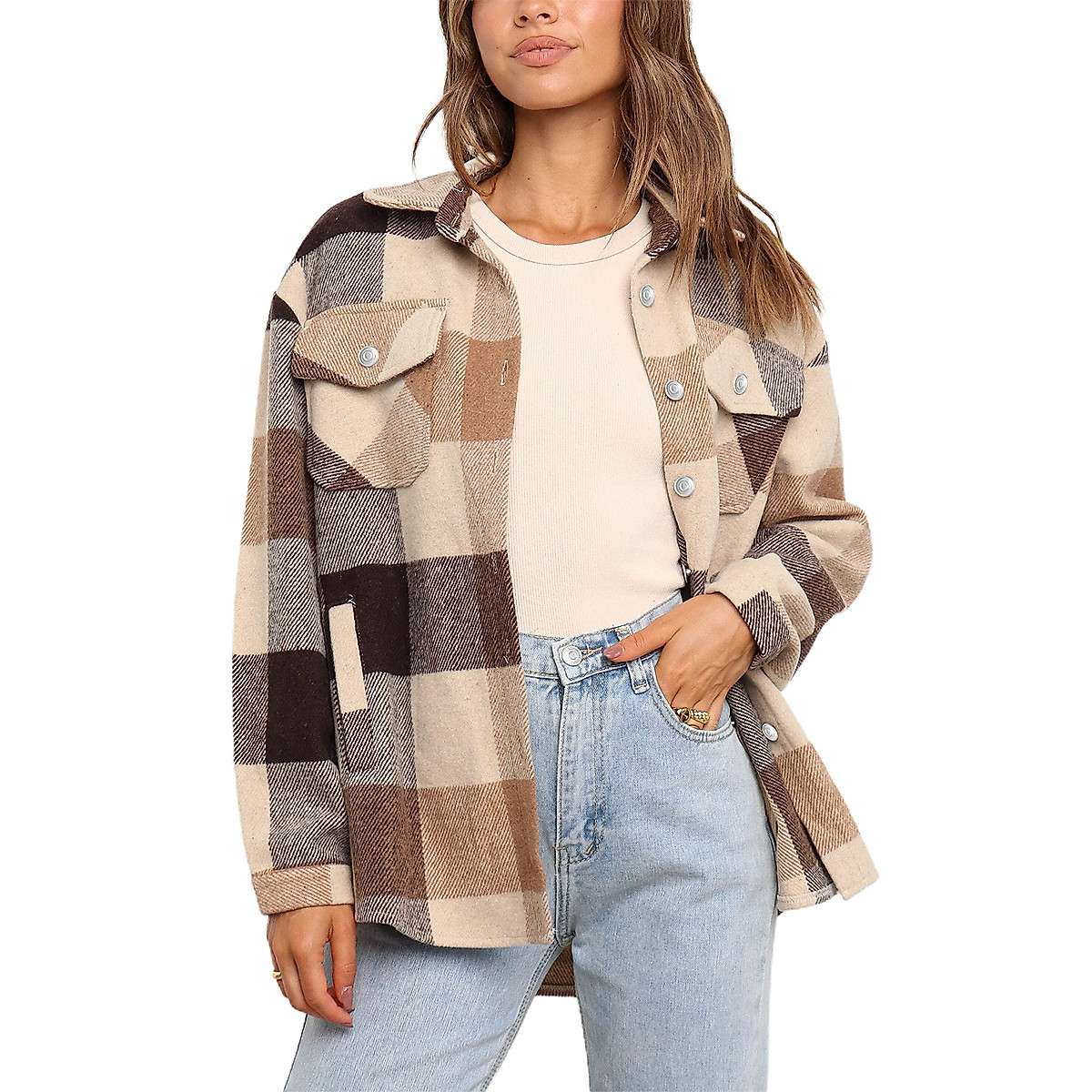 UANEO Womens Plaid Shacket Button Down Wool Blend Fall Flannel Shirt Jacket (Brown-L)