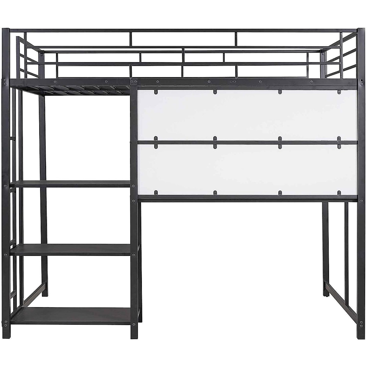 DNYN Full Size Loft Bed with Desk & Ladder for Kids Bedroom,Multifunctional Metal Bedframe w/Shelves & Whiteboard & Safety Rail Design,Space Saving & No Box Spring Needed, Black