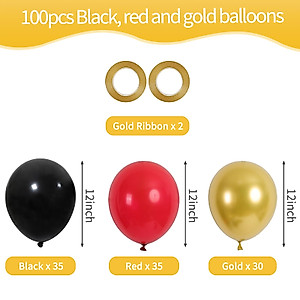 RUBFAC 100pcs 12 Inches Red Black and Gold Balloons Kit, Metallic Chrome Gold and Latex Red Black Balloons with Ribbons for Birthday, Wedding, Anniversary, Festival Decorations