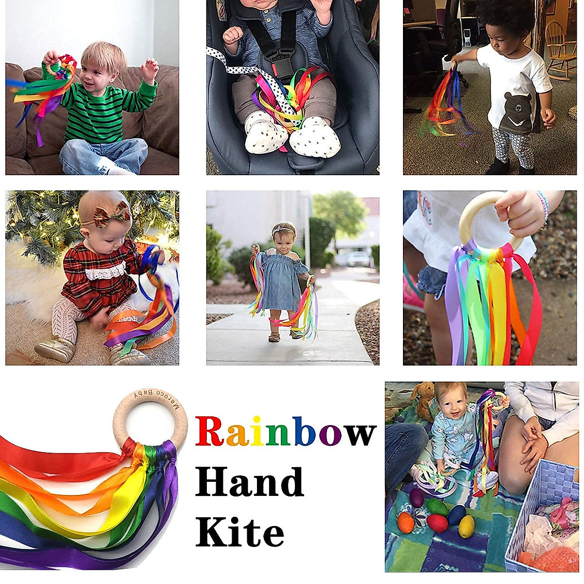 MEROCO Rainbow Dancing Ribbon Streamers with Wood Ring Educational Toy for Playroom Dancing Party Toddler Birthday