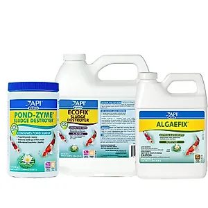 API POND ESSENTIALS BUNDLE Includes ALGAEFIX Algae Control, POND-ZYME SLUDGE DESTROYER Pond Water Water Cleaner with Barley, and ECOFIX SLUDGE DESTROYER Pond Water Clarifier and Sludge Remover