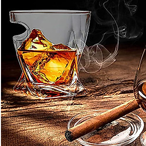 Bezrat Old Fashioned Whiskey Cigar Glasses With Side Mounted Cigar Holder + Whisky Chilling Stones and accessories in Wooden Box - Scotch Bourbon Set for Dad, Husband, Fathers Day, Birthday Gift Set