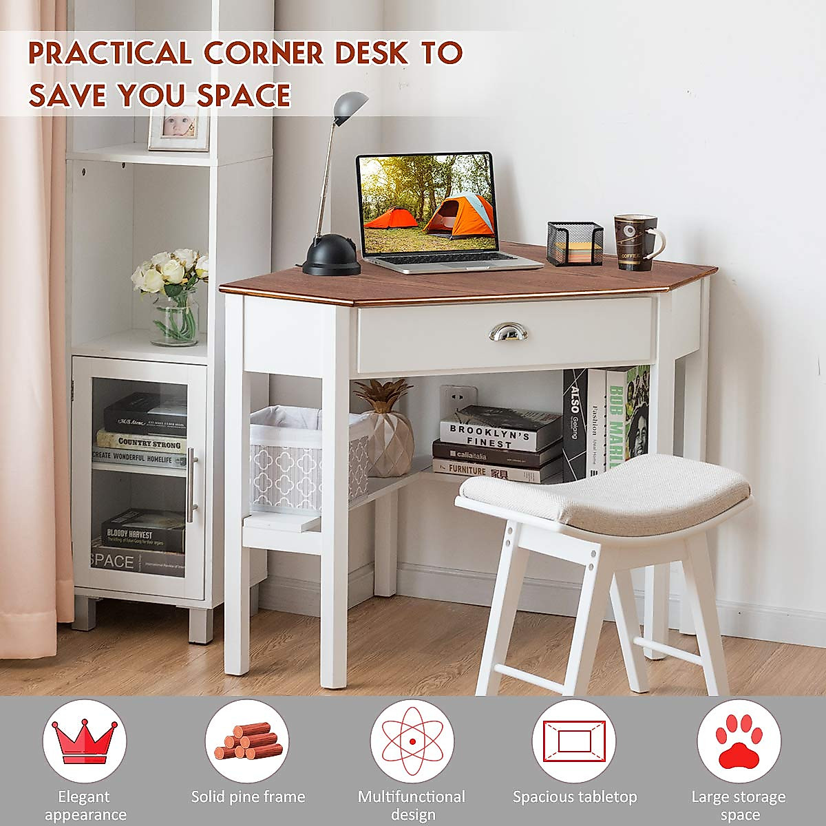 Tangkula Corner Desk, Corner Computer Desk with Drawer for Small Space, Small Corner Makeup Vanity Desk, 90 Degrees Triangle Corner Desk with Storage Shelves (Natural & White)