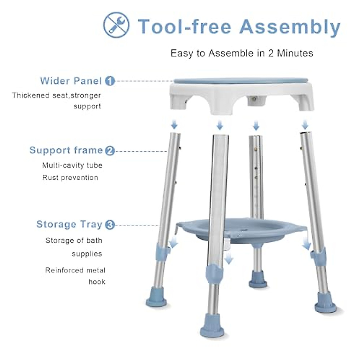 LEACHOI Shower Chair for Inside Shower, Tool-Free Assembly Swivel Shower Stool with Storage Tray, Adjustable Tub Chair and Bathroom Stool for Seniors, Elderly, Handicap & Disabled -300lbs