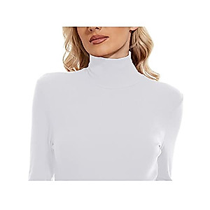 Mockneck Women White Long Sleeve Lightweight Ribbed Knit Pullover Athletic Slim T-Shirt White X-Large