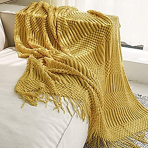Mustard Yellow Throw Blanket for Couch Bed Sofa, Soft Knitted Throw Blanket with Decorative Tessels, Bubble Lightweight Textured Blanket 50 x 60 Inches