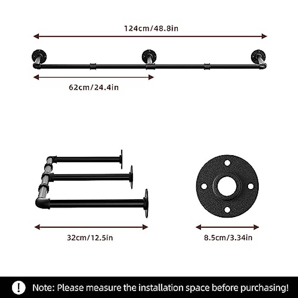 Vintage Clothes Rack, 48" Industrial Pipe Wall Mount Garment Rack, Space-Saving Heavy Duty Clothes Hanger for Closet Storage, 3 Bases, 1-Pack with 6 S-Hooks, Industrial Pipe Wall Mounted Closet Rod