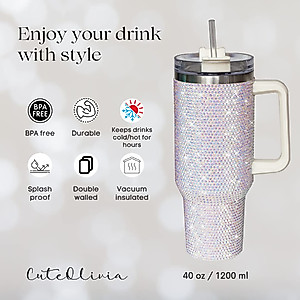 cuteolivia 40 Oz Tumbler With Handle Studded Tumbler With Lid and Straw Insulated Stainless Steel Double Wall Water Cup Travel Mug Water Bottle Tumblr For Women (40 oz 1200 ml, White)