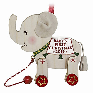 Hallmark Keepsake Christmas Ornament 2019 Year Dated, Baby’s First Christmas Elephant Pull Toy, Wood