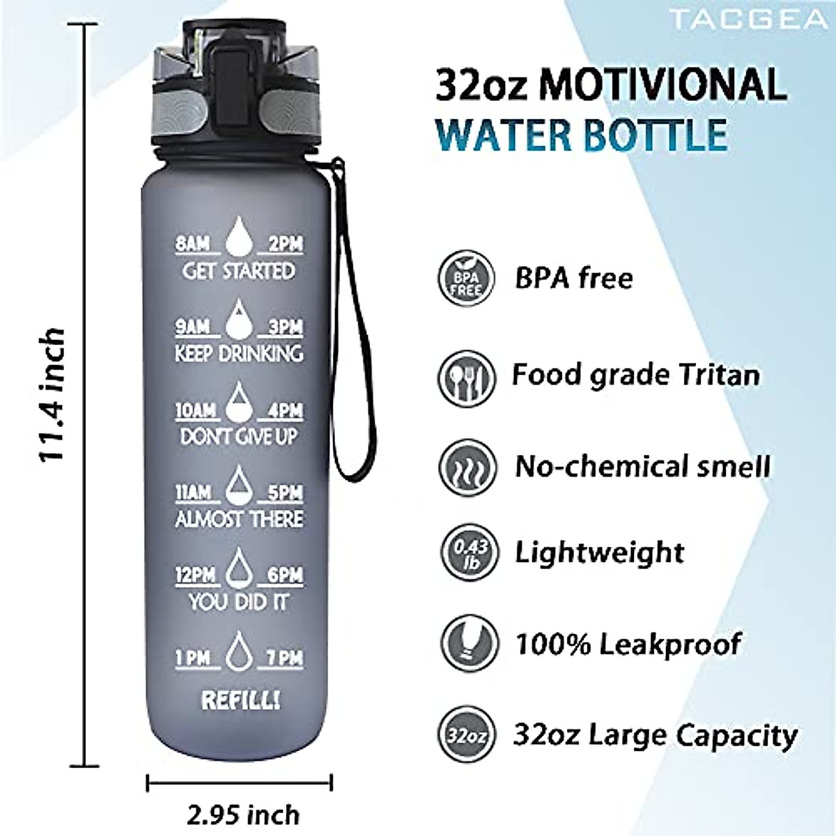 TACGEA Water Bottle 32oz, Motivational Sports Water Bottle with Time Marker to Drink, BPA Free and Leakproof, for Outdoor Fitness Sports and Office, Grey