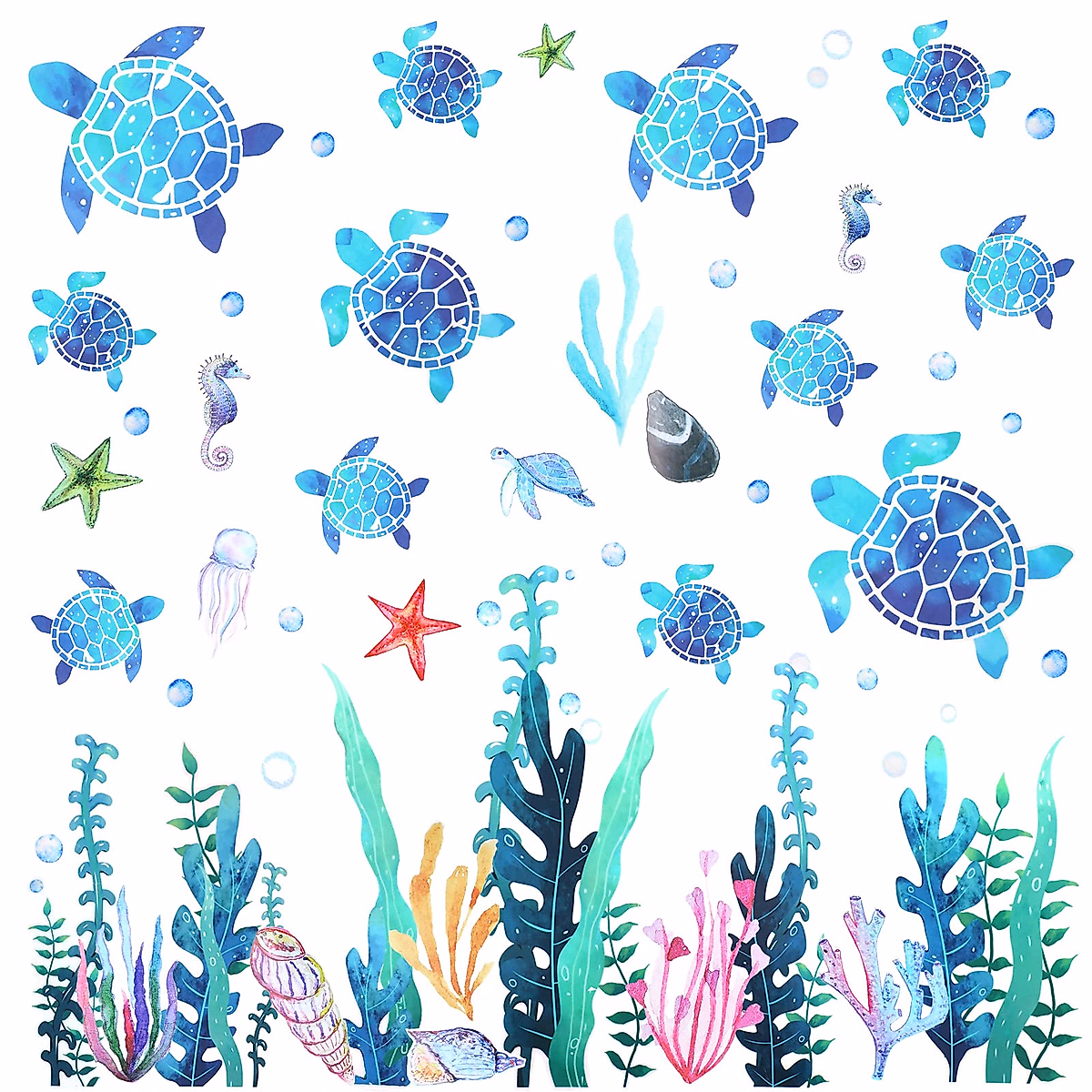 Marspark Under the Sea Wall Decals 3 Sheets Sea Turtle Wall Stickers Ocean Animal Wall Art Decals Underwater Ocean Grass Colorful Seaweed Decals Bubbles Vinyl Wall Sticker for Bedroom Living Room Home