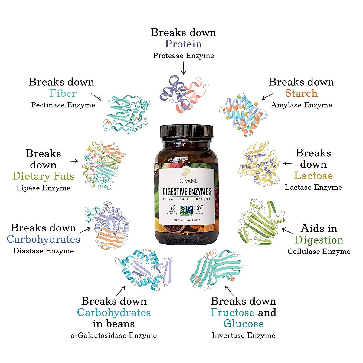 Truvani Digestive Enzymes | 9 Enzyme Blend | Digestive Support | Reduce Bloating | Increased Nutrient Absorption | Non-GMO Capsules| 30 Day Supply