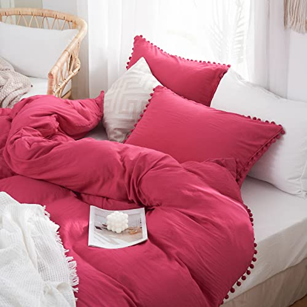 Magenta Duvet Cover Set Boho Bedding Set King Size Soft Washed Microfiber Burgundy Red Comforter Cover Set 1 Duvet Cover 2 Pillowcases(King, Magenta)