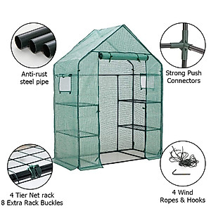 Walk-in Greenhouse 77x56x30 in 2 Windows 3 Tiers 4 Shelves 8 Net Rack Buckles Hot House Roll Up Zipper Door Plant Gardening Portable Green House for Indoor Outdoor Use Extra Anchors & Wind Ropes