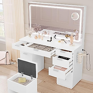 DWVO Vanity Desk with LED-Lit Mirror & Lights, Makeup Vanity Station with 11 Compartments and Magnifier, 46'' Dressing Table with Electrical Socket and Seating Storage for Bedroom, Frost White