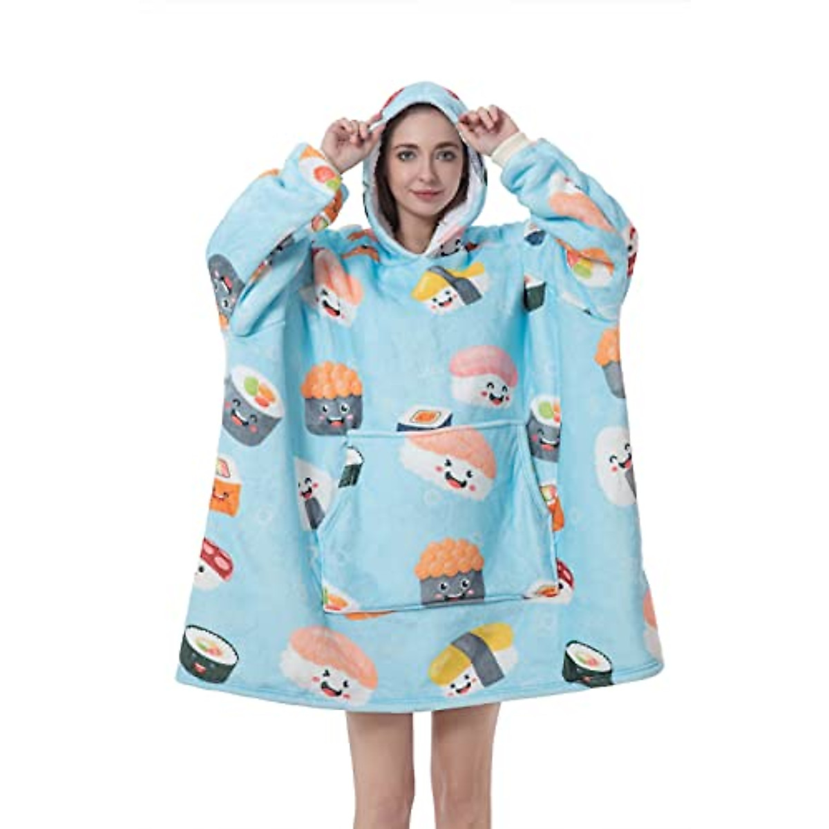 Wearable Blanket Hoodie, Oversized Sherpa Hooded Blanket Sweatshirt Extremely Cozy, Warm, Soft and Fuzzy Hoodie Blanket (Sushi Blue)
