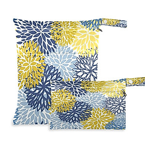 Spring Floral Navy Chrysanthemums Wet Dry Bags Sets for Baby Cloth Diaper Bag Flower Waterproof Beach Travel Bag for Swimsuits Wet Clothes Washable Reusable Organizer with Two Zippered Pockets 2 pcs