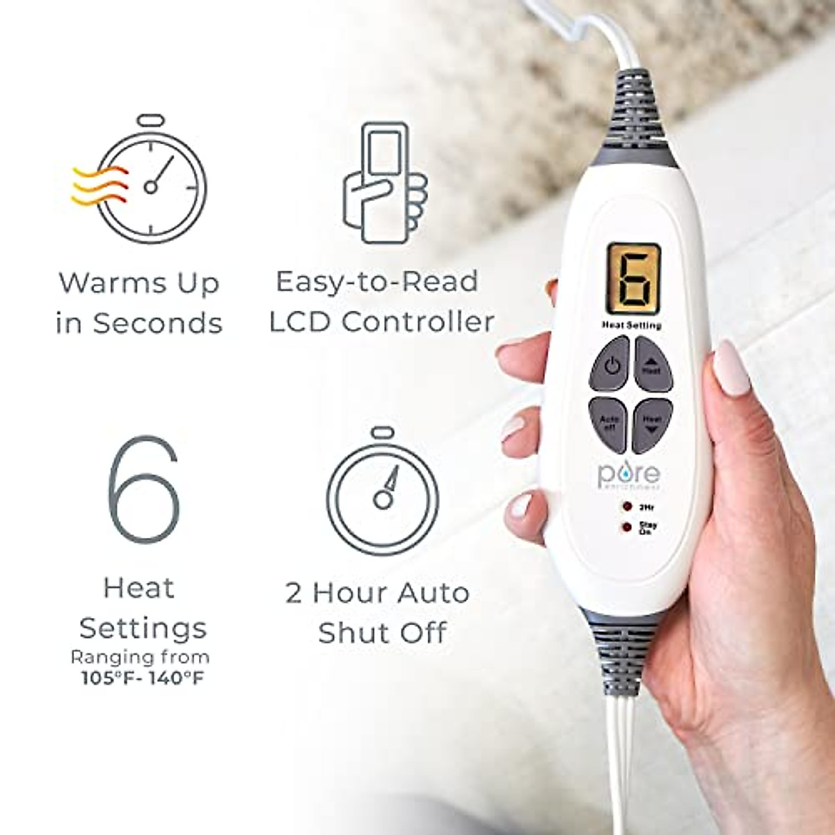 Pure Enrichment® PureRelief™ XL Heating Pad - LCD Controller with 6 InstaHeat Settings for Cramps, Back, Neck, & Shoulder Pain Relief, Moist Heat Option, Machine Washable, 12" x 24" Storage Bag (Gray)