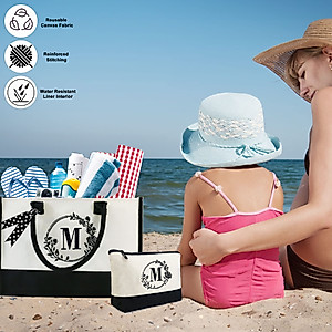 BeeGreen Christmas Gifts for Women - Personalized Gift Bag for Women Canvas Tote Bag for Friends Mother Bride Teacher Gifts Large Initial Beach Bag for Birthday Bridal Shower Bridesmaid Gifts V